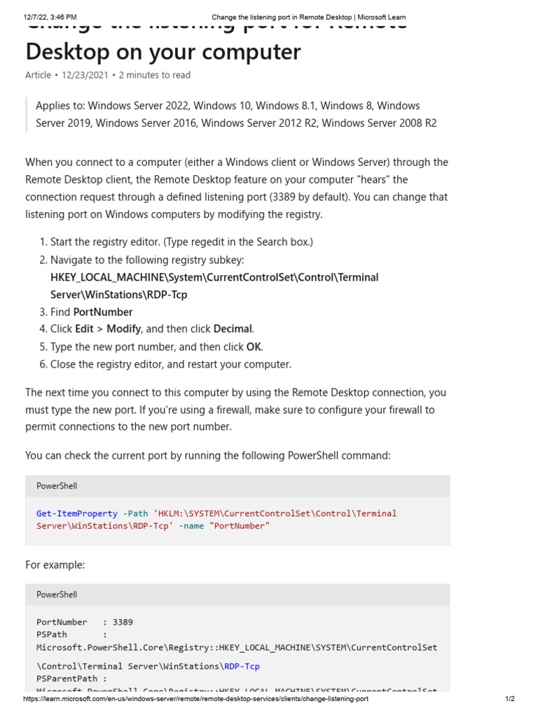 Change The Listening Port in Remote Desktop - Microsoft Learn | PDF ...