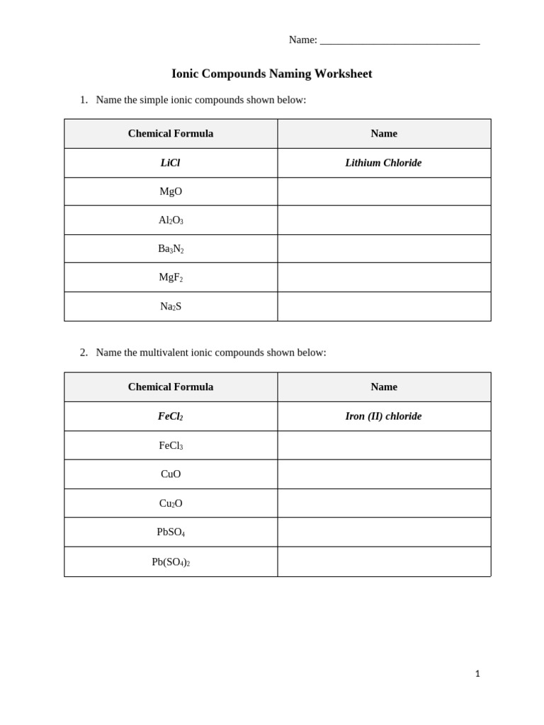 Ionic Compounds Naming Worksheet: Chemical Formula Name | PDF | Calcium ...