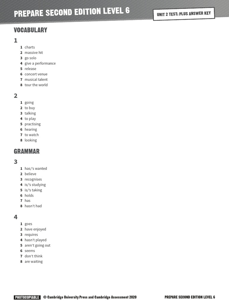 Prepare 2ed 6 Unit2 Test Plus Answer Key | PDF