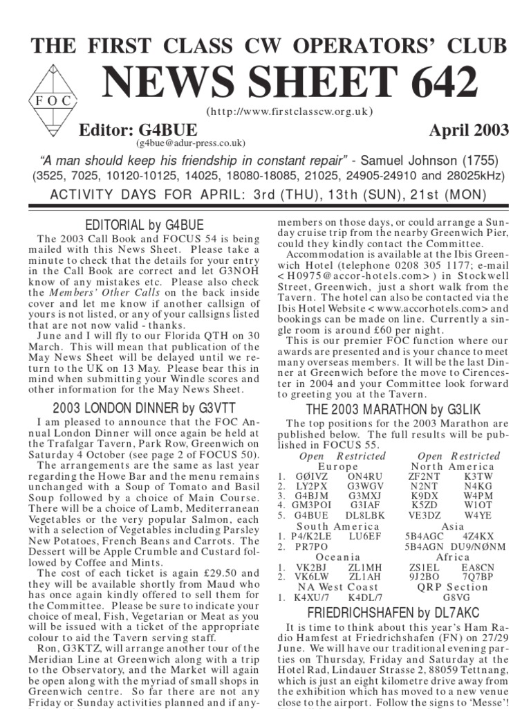 News Sheet 642: The First Class CW Operators' Club | PDF