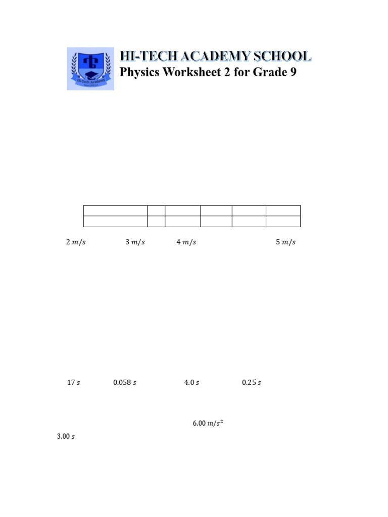Physics Worksheet 2 For G-9 - Unit 3 | PDF | Speed | Acceleration