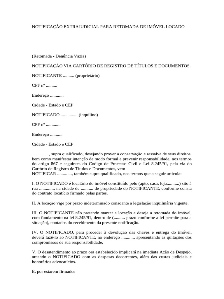 Notificacao Extrajudicial para Retomada de Imovel Locado | PDF
