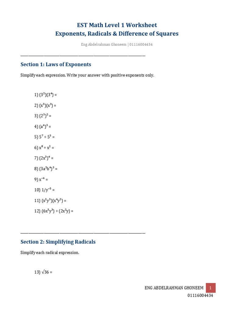 EST Math1 Exponents Radicals Worksheet | PDF | Square Root | Complex ...