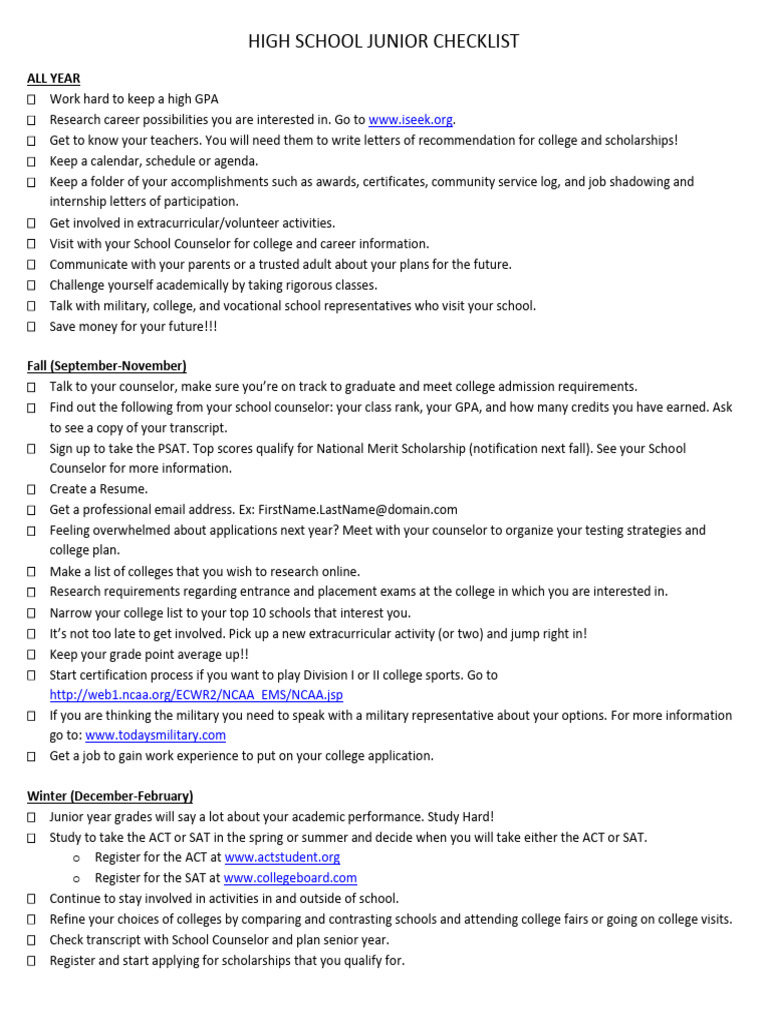 High School Junior Checklist | PDF | Sat | Educational Stages