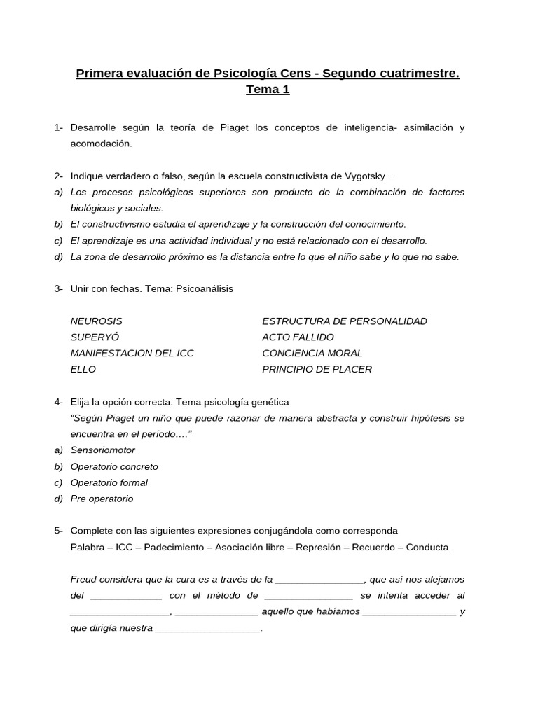 Primera Evaluación de Psicología Cens 2do Cuatrimestre | PDF ...