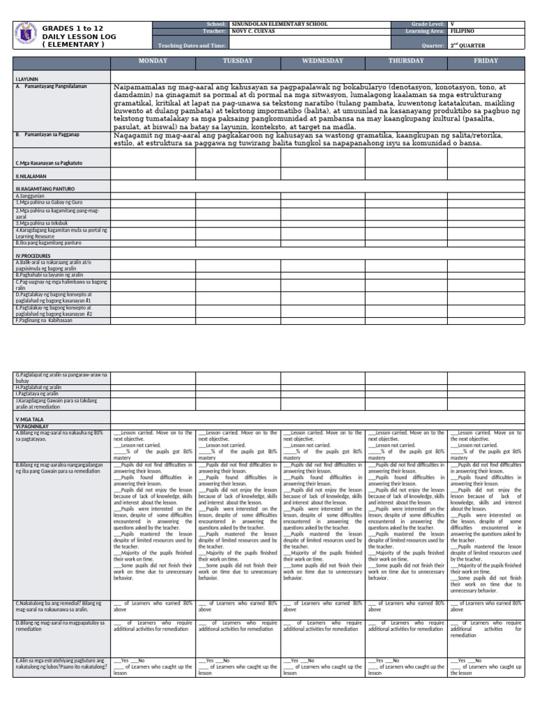 DLL Format Filipino | PDF | Differentiated Instruction | Cognitive Science