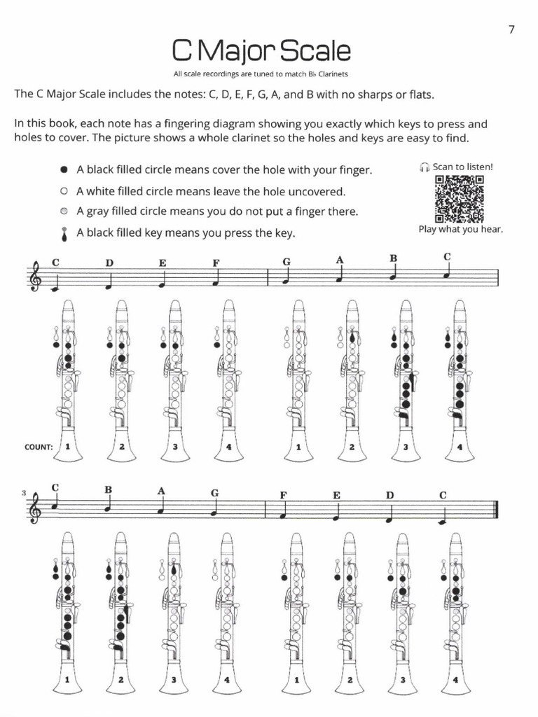 1 Octave Clarinet Scales With Fingering | PDF | Clarinet | Musical Scales