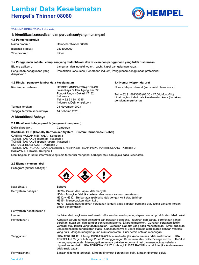 MSDS Hempels Thinner 08080 | PDF