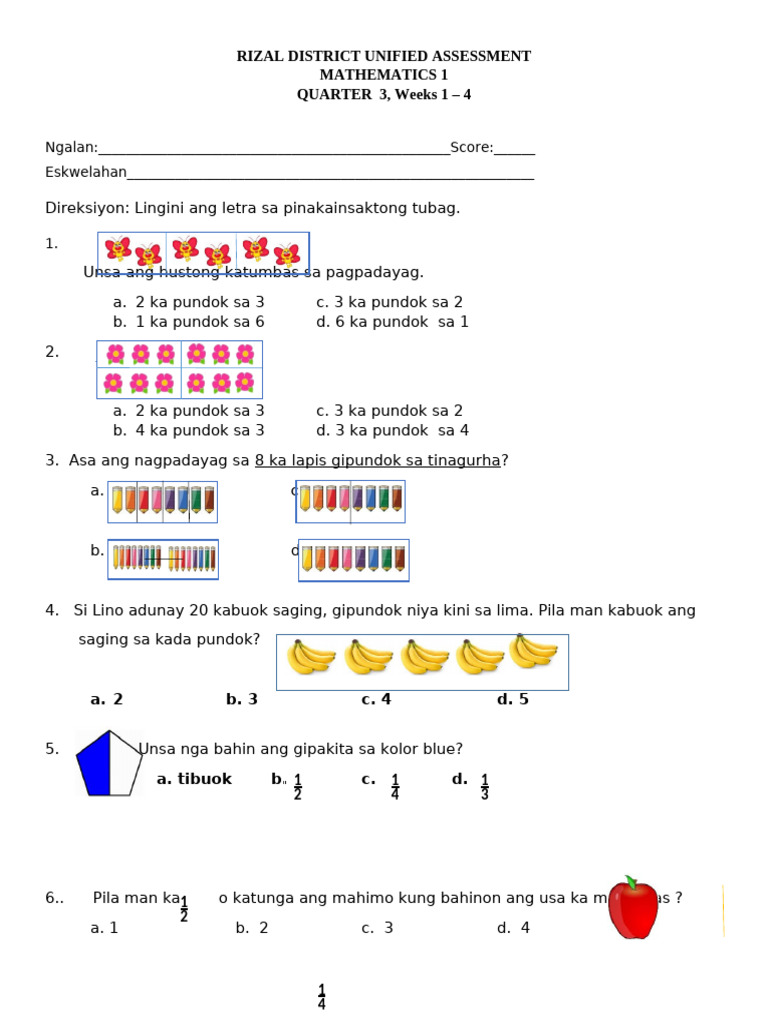 Unified Assessment Grade 1 q3 WK 1 4 | PDF