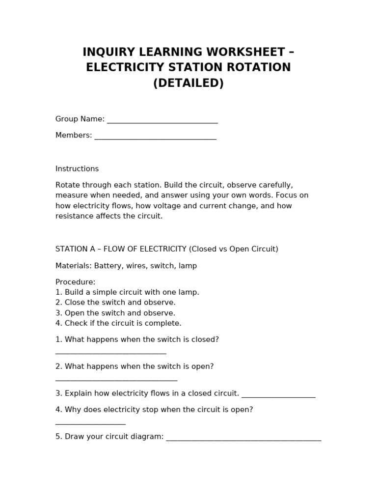 Inquiry Electricity Station Worksheet Detailed | PDF | Electrical ...