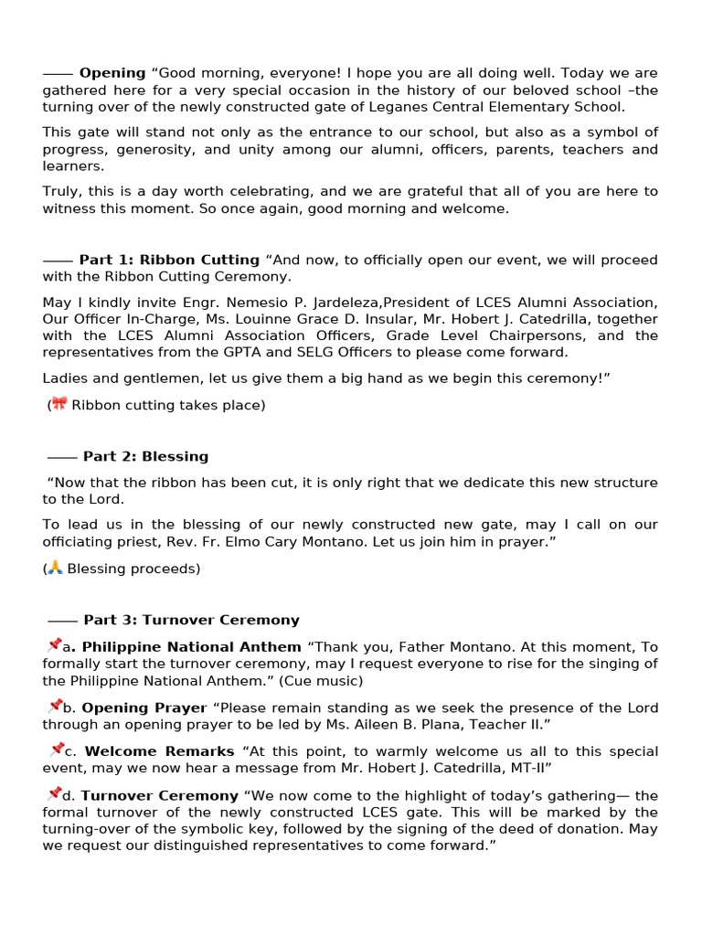 Script For Turn Over Ceremony | PDF