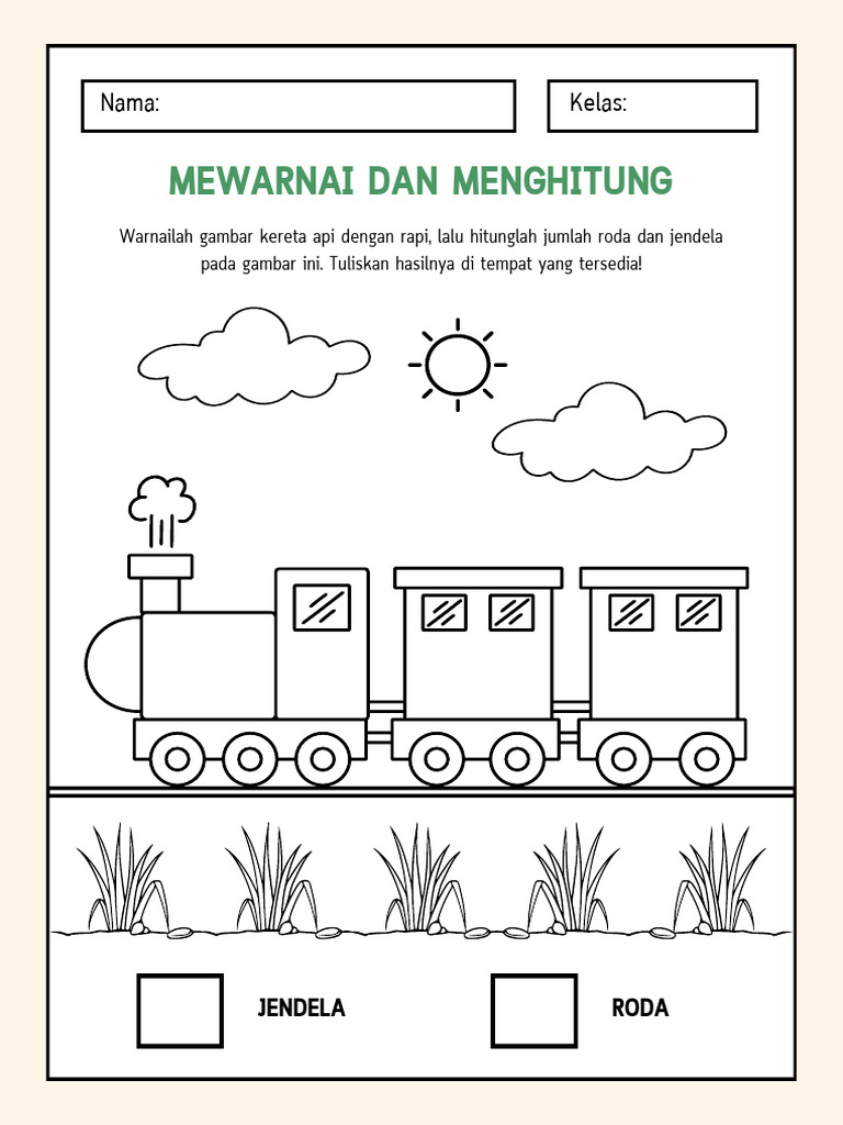 Mewarnai Kereta API Lembar Kerja Krem Hijau Ilustrasi Lucu | PDF