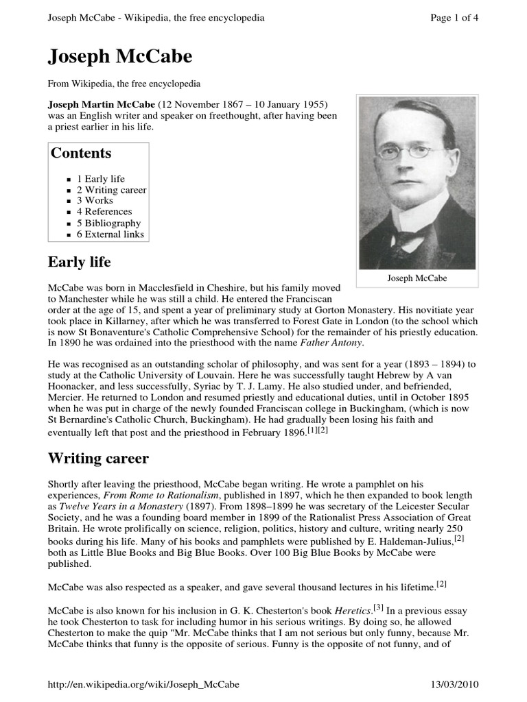 1 - Wikipedia - Joseph McCabe | PDF | Religion And Belief