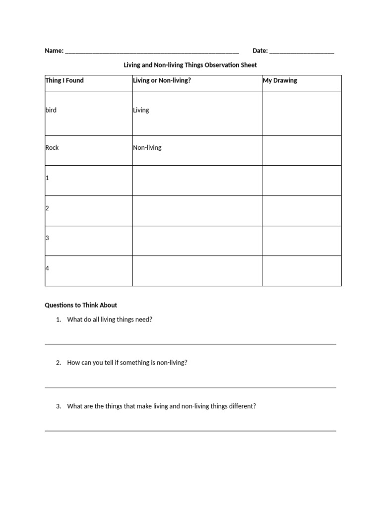 Living and Nonliving Things Observation Sheet | PDF