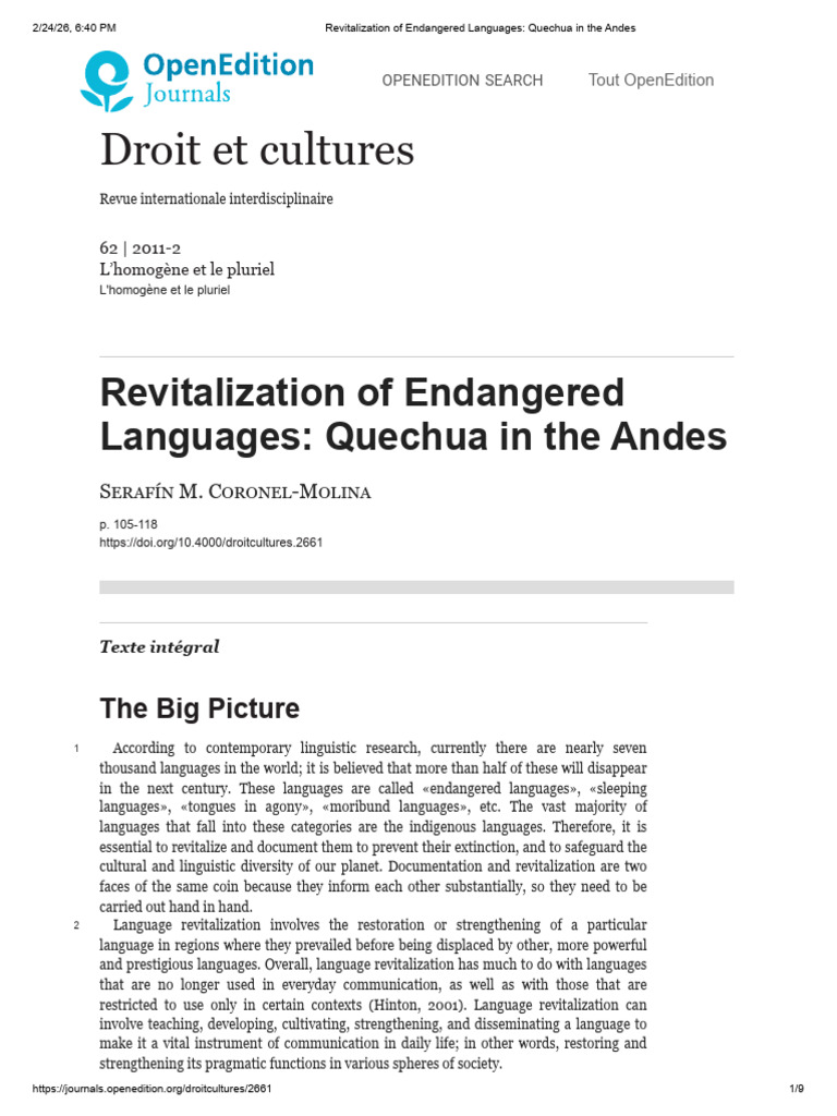 Revitalization of Endangered Languages - Quechua in The Andes | PDF ...