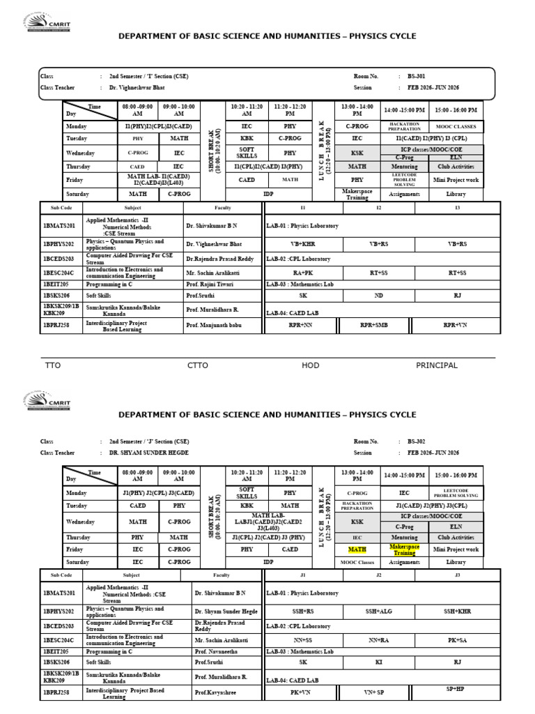 Physics Cycle - Even Sem TT 2025-26 Final - Updated | PDF | Mathematics ...