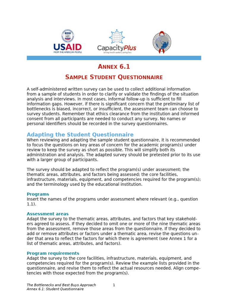 Annex 6 1 Sample Student Questionnaire 0 | PDF | Questionnaire | Teachers