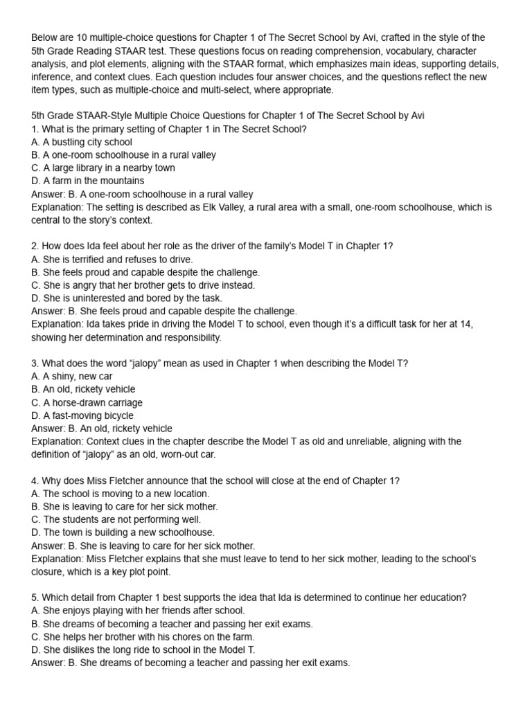 Chapter 1 Secret School STAAR Like Questions. | PDF | Reading ...