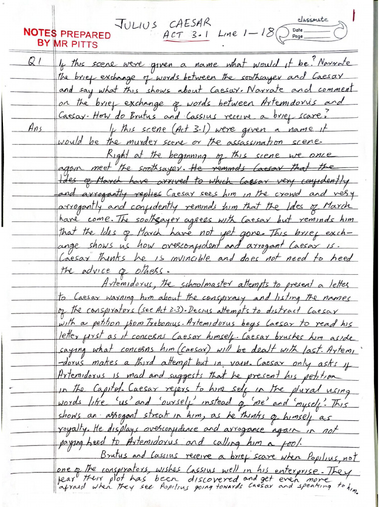 Julius Caesar 3.1 Notes (MCQ PG 27 - 28) | PDF