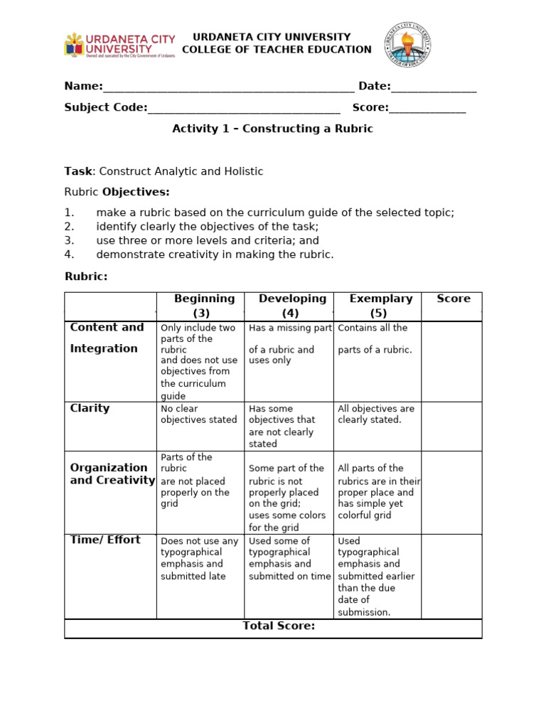 Act - Constructing A Rubric | PDF