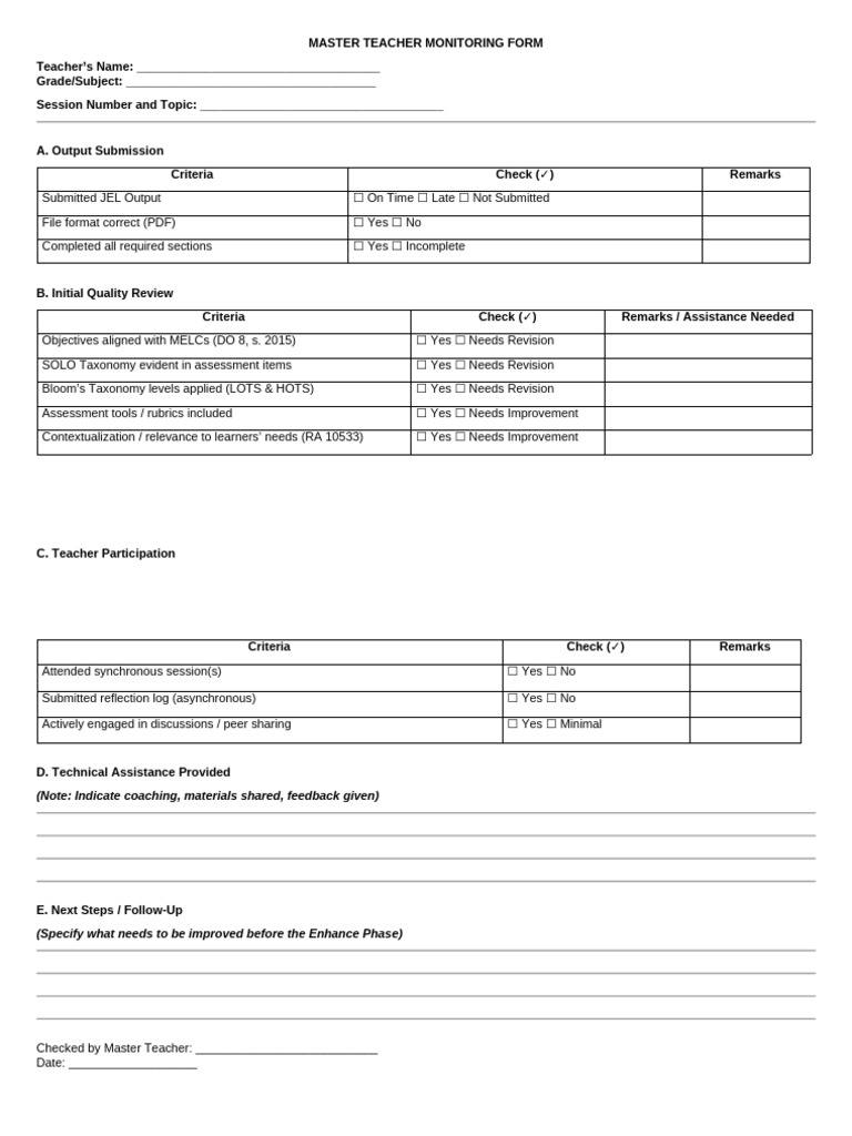 Master Teacher Monitoring Form | PDF