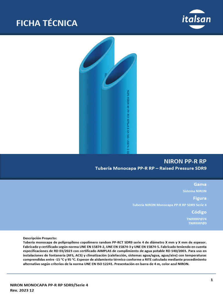 FT_NIRON-Monocapa-RP-SDR9-Serie-4 | PDF | Tubería (transporte de ...