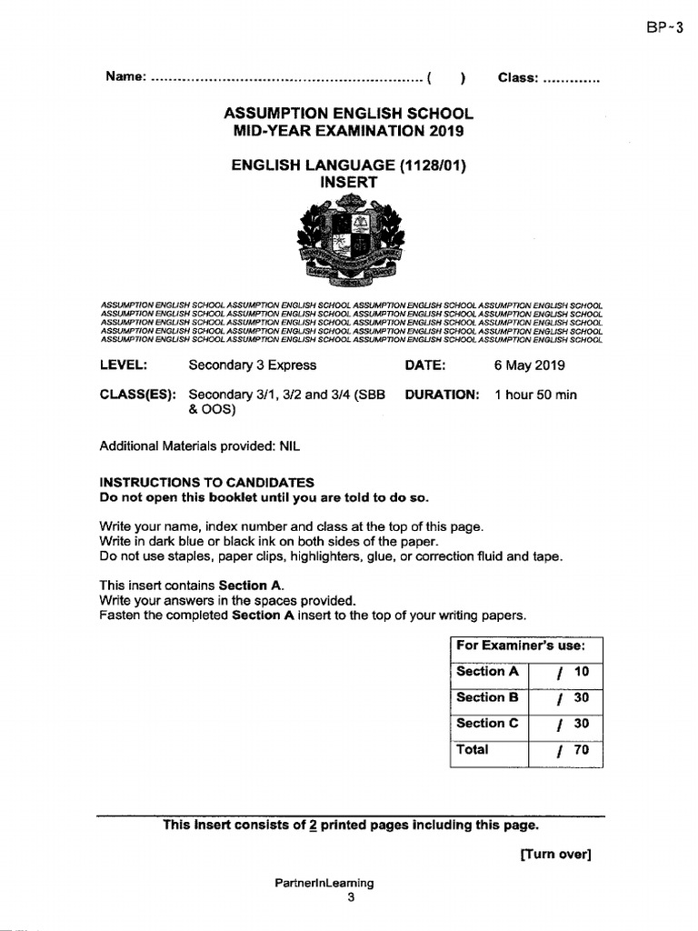 2019 Sec 3 Express English Assumption English | PDF