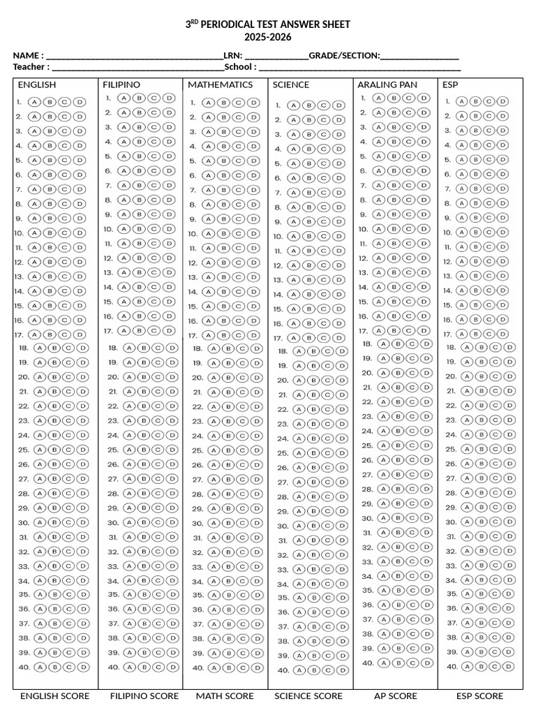 3rd Periodical Test Answer Sheet | PDF