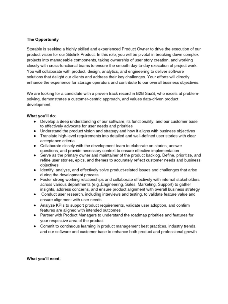 Sitelink Product Owner Job Description | PDF