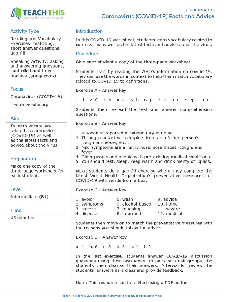 Coronavirus COVID-19 Facts and Advice Worksheet | PDF | Immunology ...