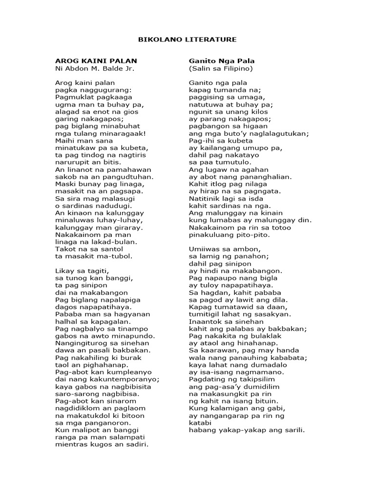 Bikolano Literature Arog Kaini Palan | PDF