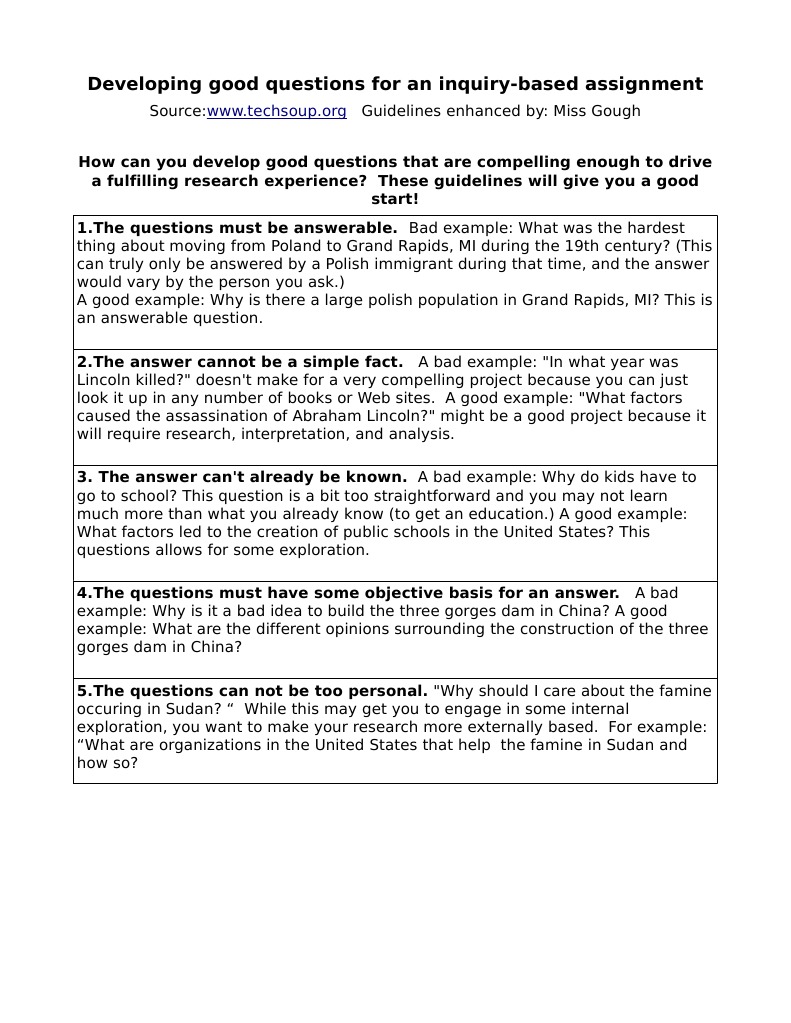 Developing Good Questions For An Inquiry-Based Assignment | PDF ...
