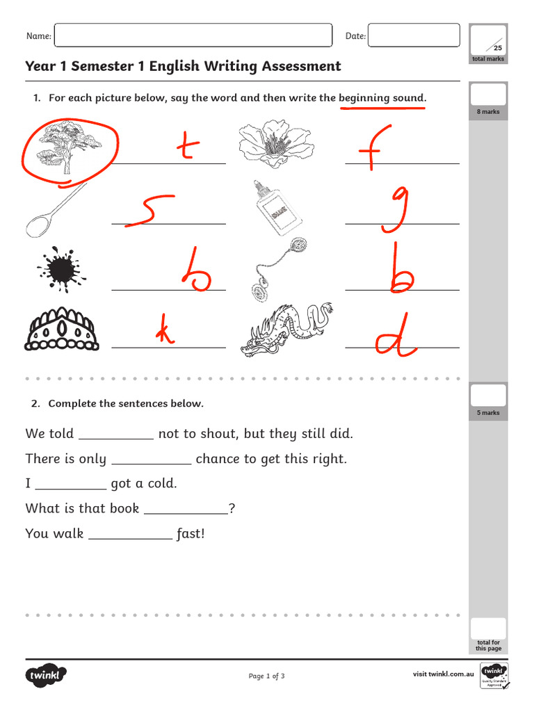 Year 1 Semester 1 Writing Assessment Ver 2 | PDF | Phonetics | Language ...