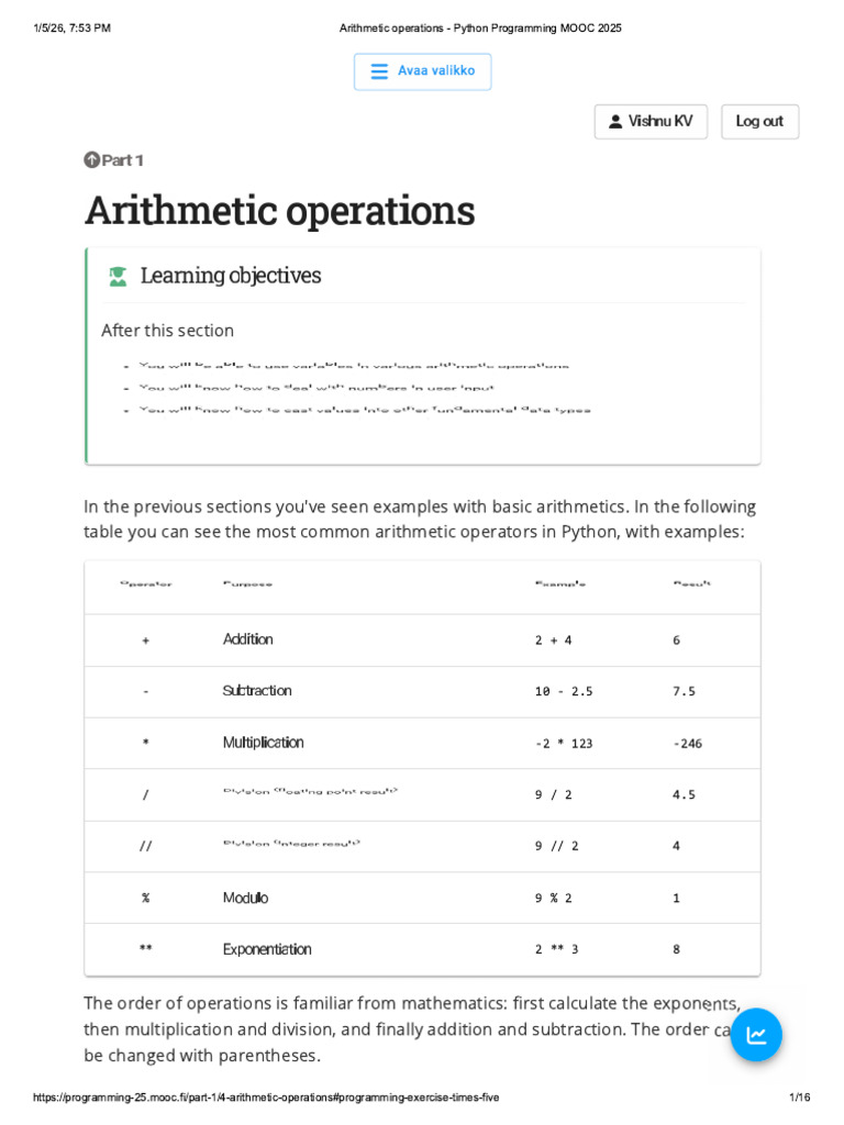 Arithmetic Operations - Python Programming MOOC 2025 | PDF