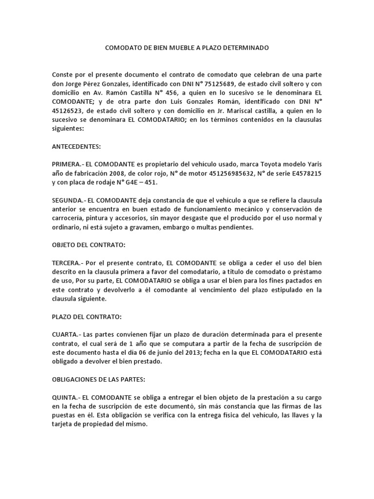 Comodato de Bien Mueble A Plazo Determinado | PDF