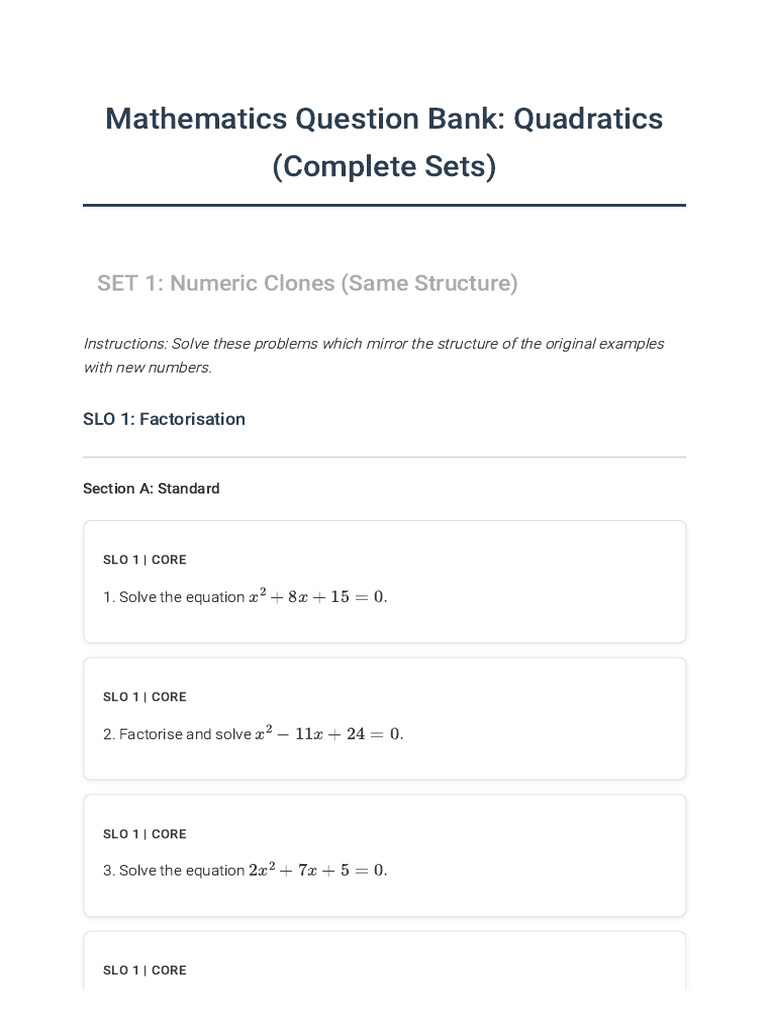 Mathematics Question Bank - Quadratics (Complete Sets) | PDF ...