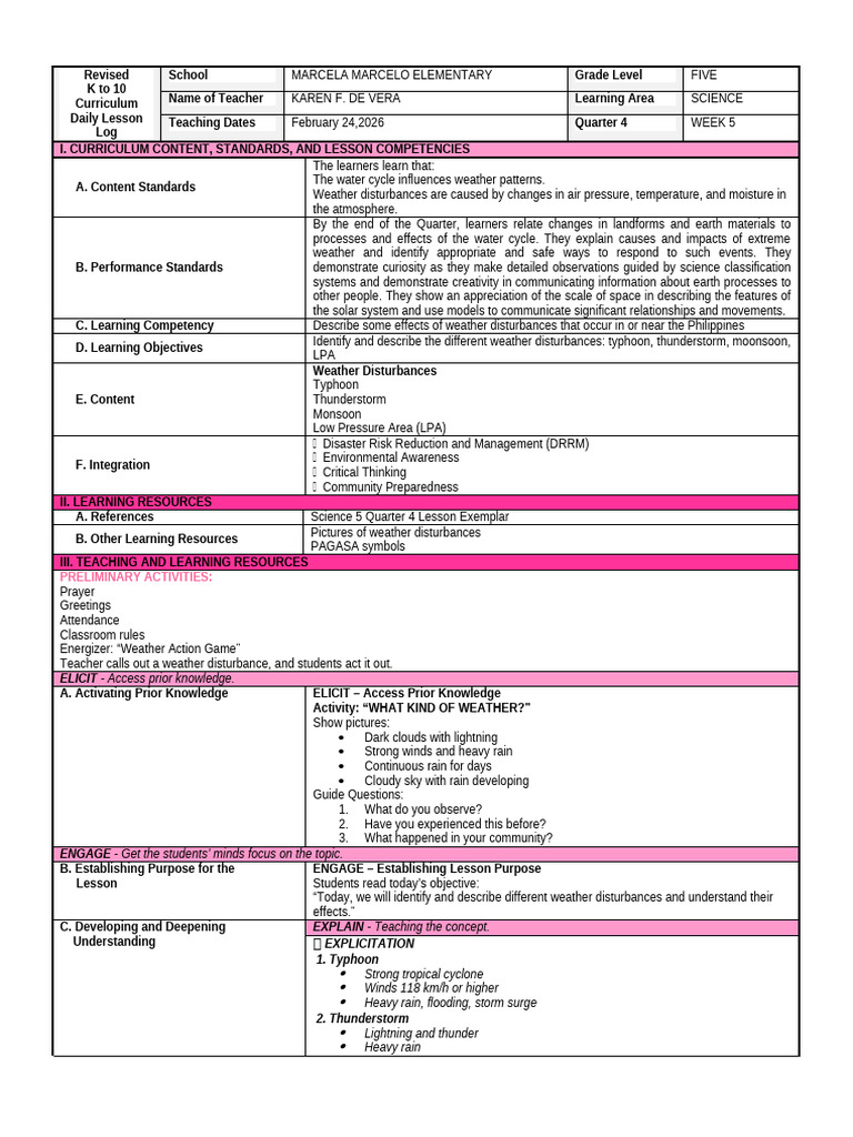 Q4 WEEK 5 DAY 2 Lesson Plan For Grade 5 | PDF | Rain | Tropical Cyclones