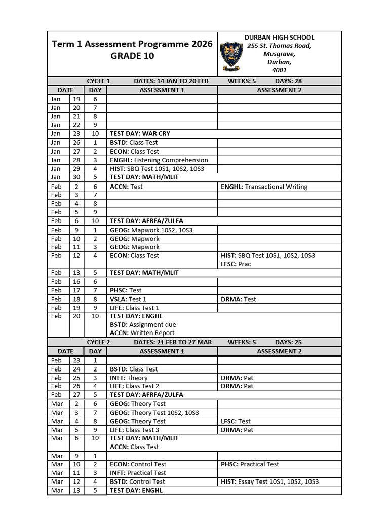 Term 1 Grade 10 Assessment Programme 2026 | PDF