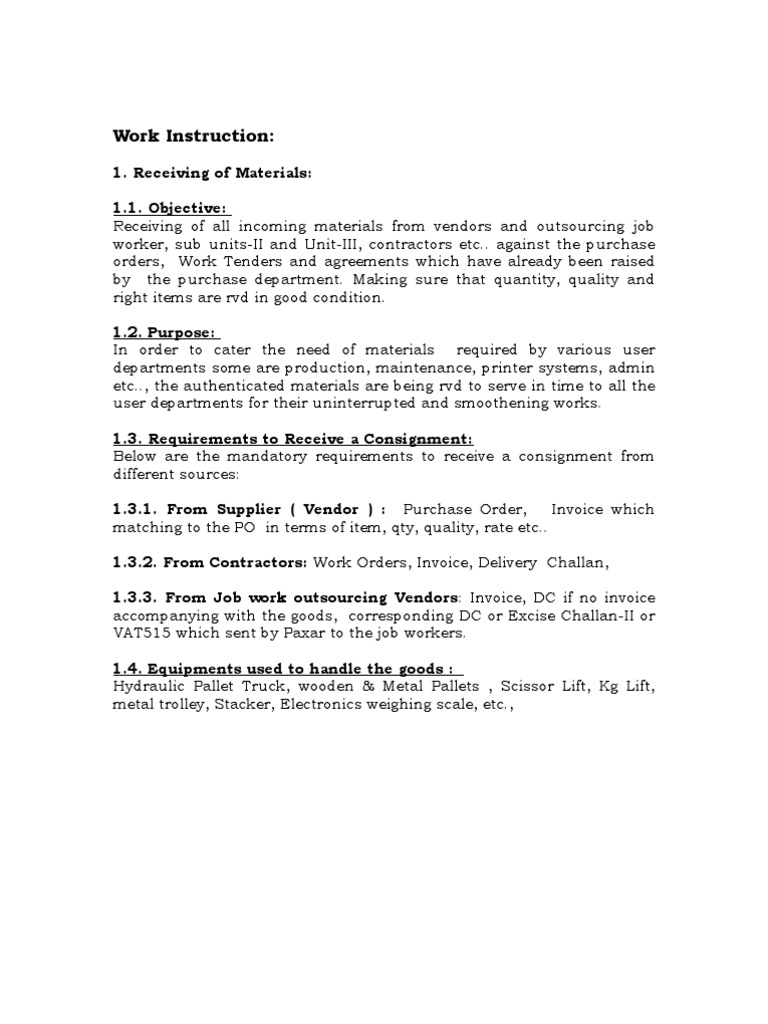 Material Receiving Work Instructions | PDF | Invoice | Receipt