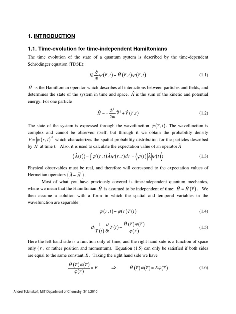 1.1. Time-Evolution For Time-Independent Hamiltonians: Andrei Tokmakoff ...
