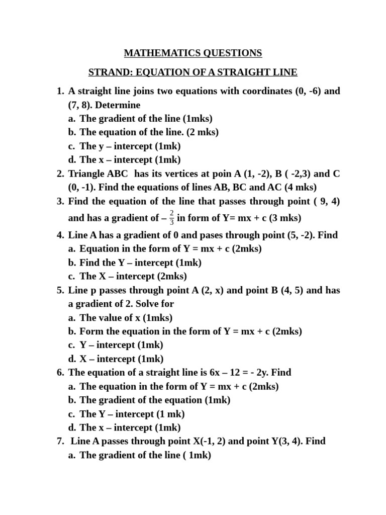 Equation of A Straight Line Quiz | PDF