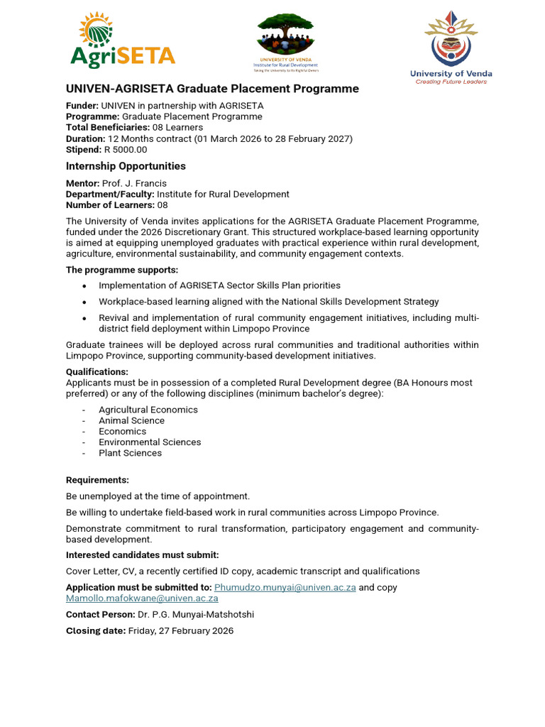 Poster For UNIVEN-AGRISETA Graduate Placement Programme Final | PDF