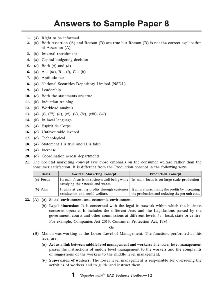 BST Sample Paper 8 Answers | PDF
