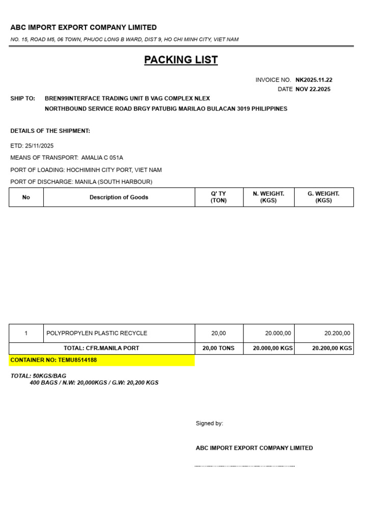 Nk2025.11.05 - Packing List - File | PDF