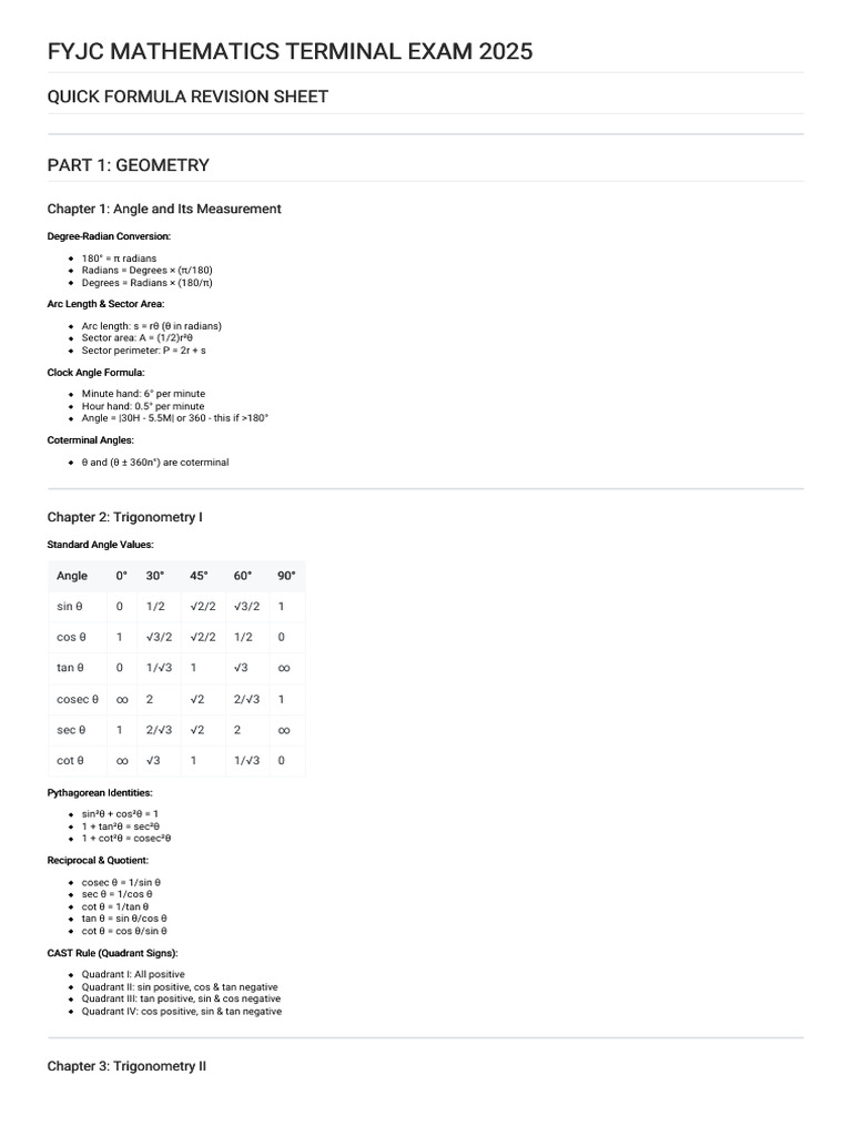 Maths Formulae Sheet | PDF | Determinant | Angle