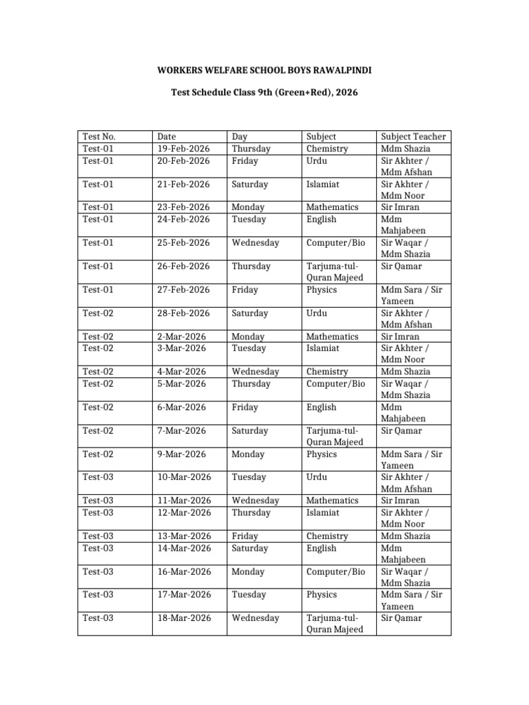Class 9 Test Schedule 2026 | PDF
