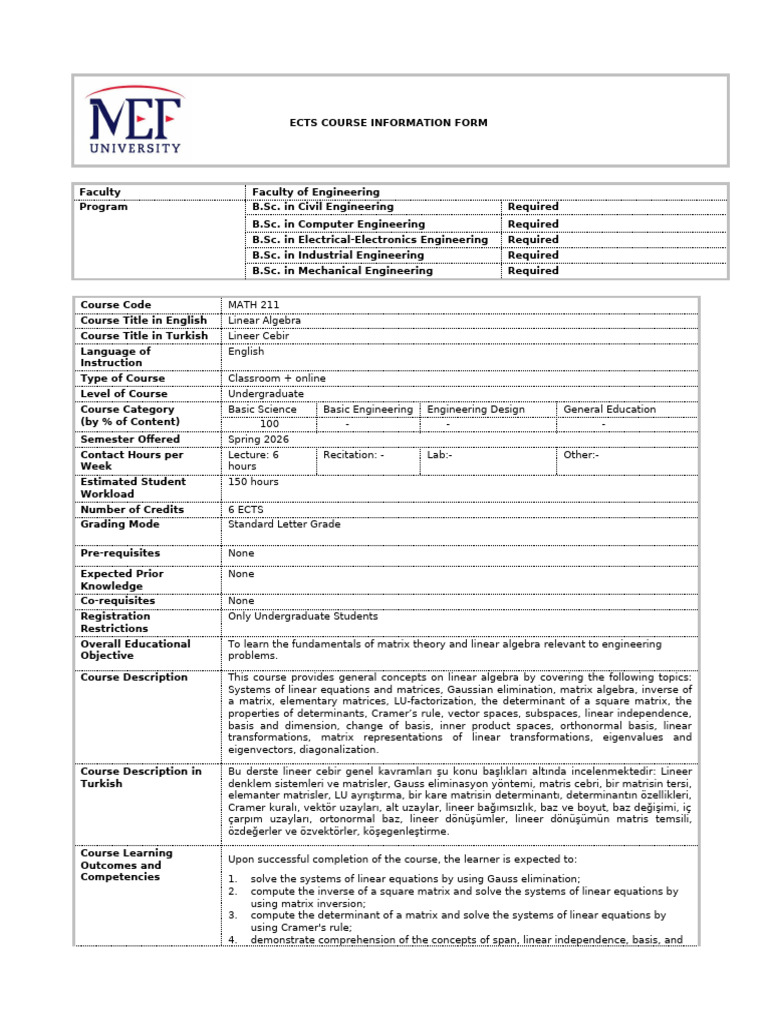 MATH 211 Syllabus Spring 2026 | PDF | Matrix (Mathematics) | Linear Algebra