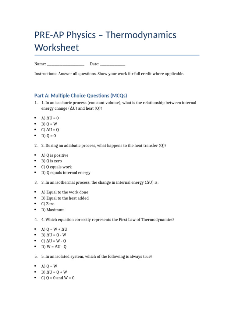 PreAP Thermodynamics Worksheet | PDF