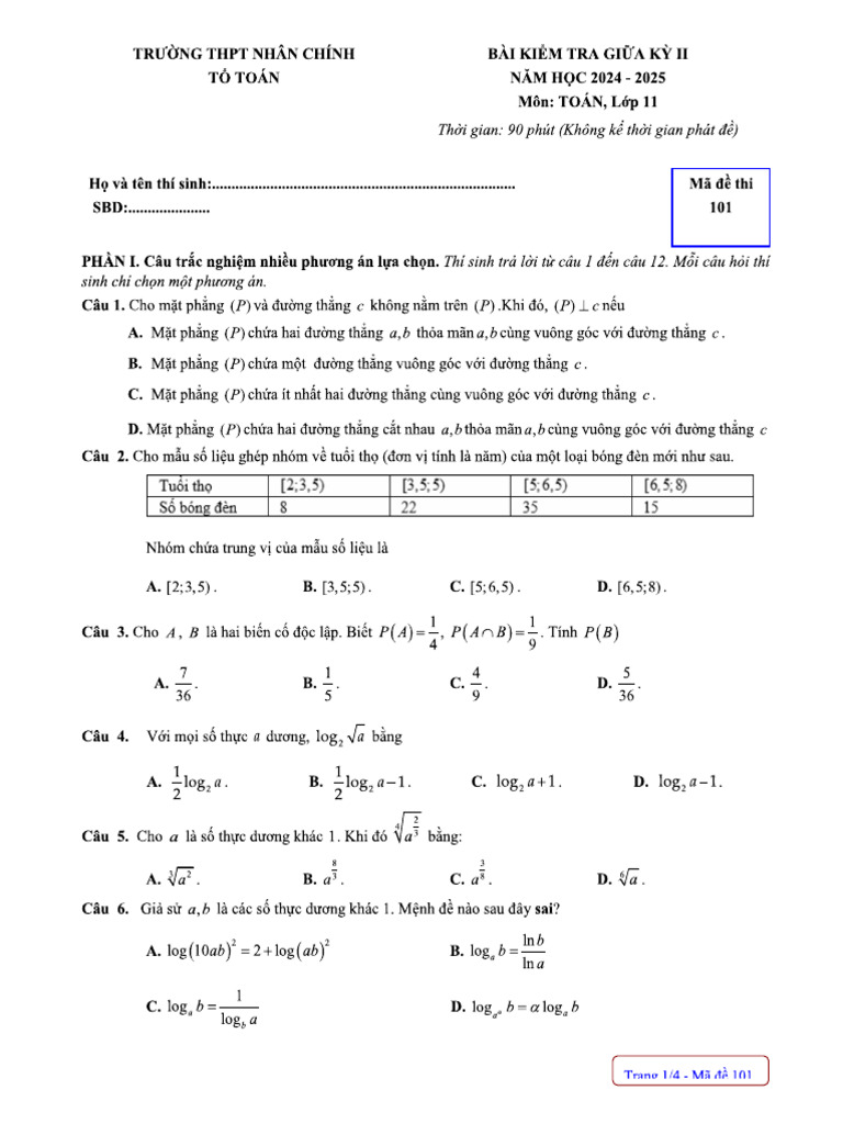 Toán 11 Gkii Nhân Chính HN | PDF