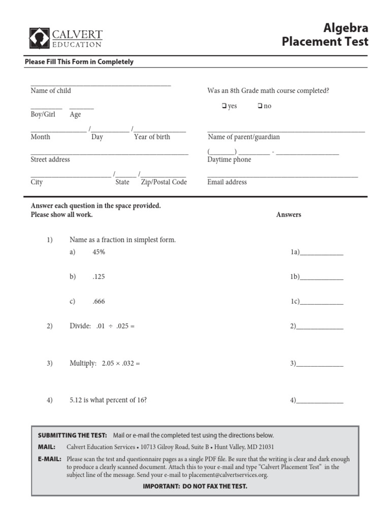Algebra Placement Test 0416 | PDF | Mathematics